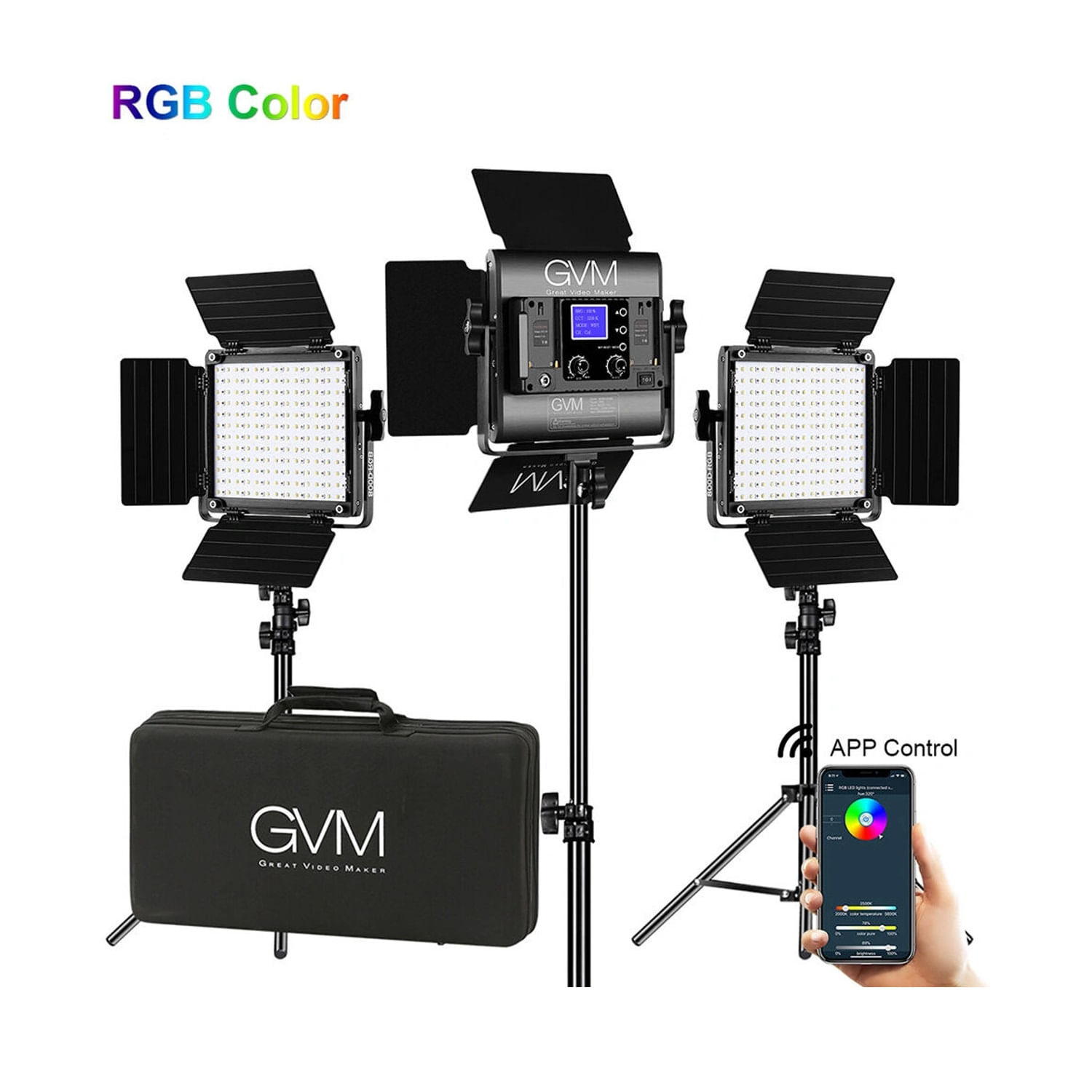 GVM 800D-RGB-II LED Kit 3 Lampi Video cu Softbox-F64.ro - F64.ro